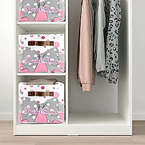Polka Dots Bow Pink Personalized Storage Bins Basket Cubic Organizer with Durable Handle for Shelves Wardrobe Nursery Toy 1 Pack