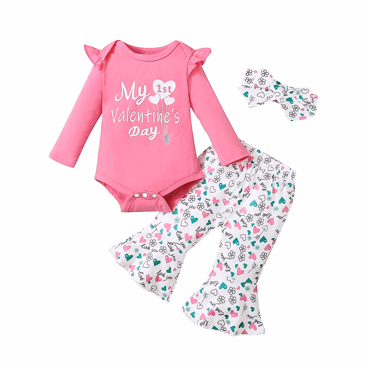 MoryGooder Baby Girl My 1st Valentines Day Outfit Baby Girl Valentines Day Outfit (Pink-Bell Bottoms,3-6 Months)