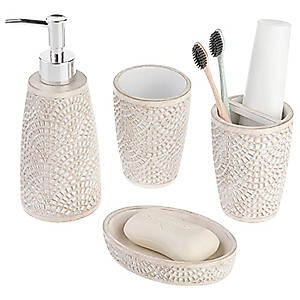 MyGift 4 Piece Vintage White Bathroom Accessories Set, Includes Lotion Pump Dispenser, Tumbler, Toothbrush Holder, and Soap Dish