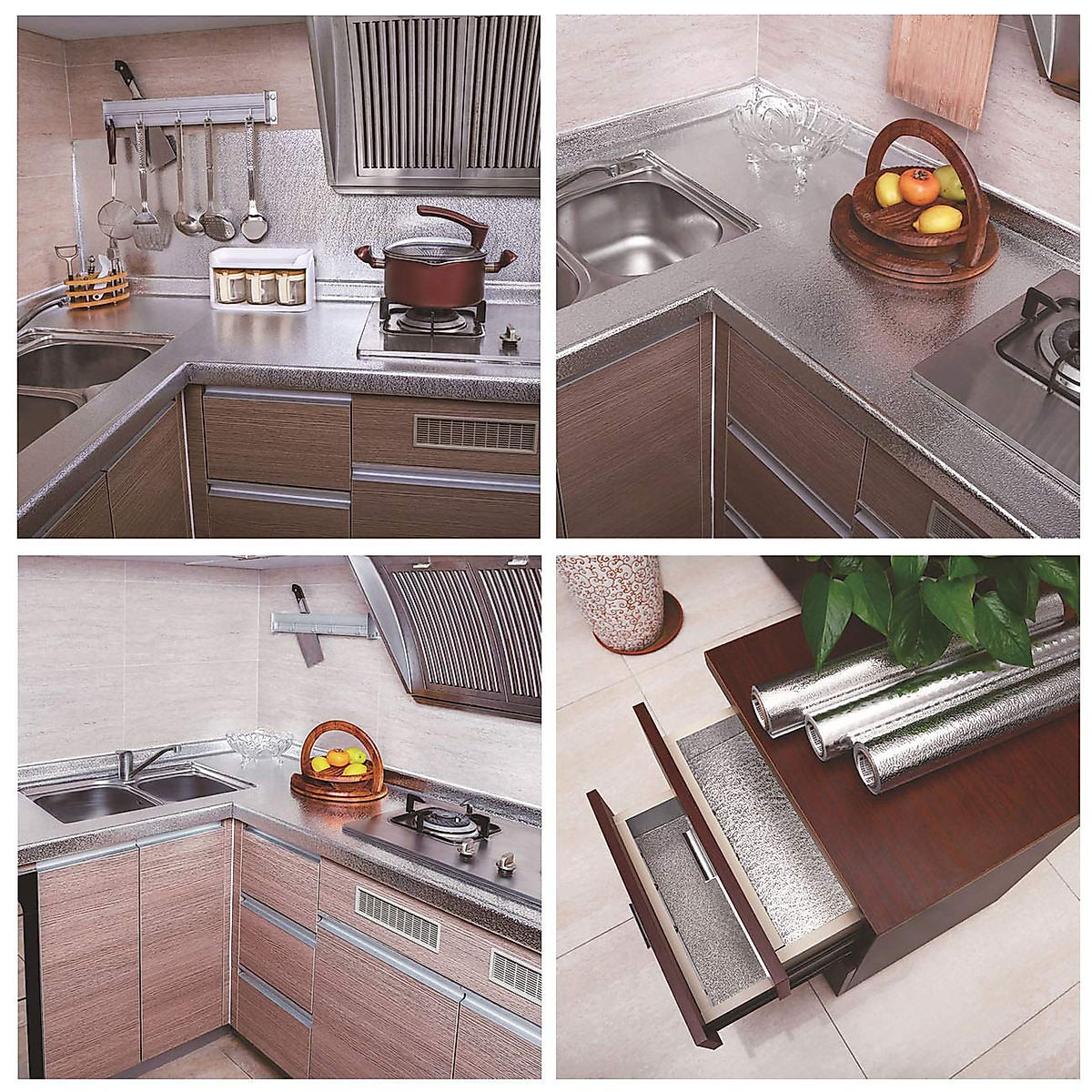 ZYAMY Self Adhesive Shelf Liner Drawer Liner Peel and Stick Aluminum Foil Wallpaper Cabinets Shelf Sticker, Creative Backsplash Paper Silver Tone for Home/Kitchen/Bathroom, 15.7X 78.7inch, Texture