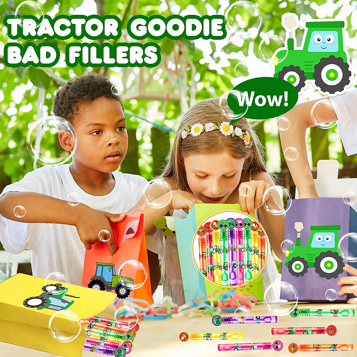 24PCS Tractor DIY Bubble Wands Party Favor 96PCS Stickers for Goodie Bag Fillers Pinata Stuffers, Mini Bubble Bulk Farm Birthday Party Supplies Toys Gifts Class Prizes Toddlers Boys Girls