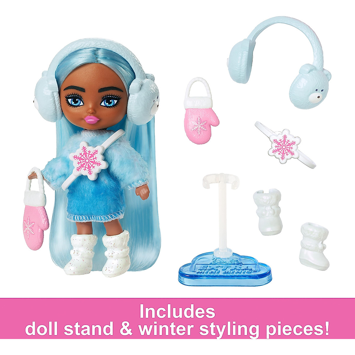 Barbie Extra Mini Minis Travel Doll with Blue Hair, Ombre Sweater Dress, Pastel Earmuffs, Snow Boots & Snow Accessories, 3.25-inch