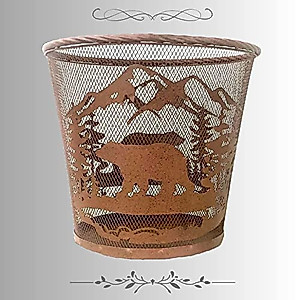 AMAJY Rustic Bear Forest Mountain Metal Waste Basket in Rustic Style Brown Metal Mesh Trash Can