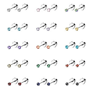 Masedy 15 Pairs 20G 316L Stainless Steel CZ Stud Earrings for Women Men Cartilage Screwback Earring Set 2mm