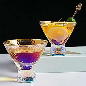 Lysenn Iridescent Stemless Martini Glasses Set of 2 - Premium Hammered Cocktail Glasses for Weddings, Anniversary, Christmas, Party - 7.7oz Gold Rim