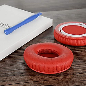 Geekria QuickFit Protein Leather Replacement Ear Pads for Beats SoloHD (810-00012-00) On-Ear Headphones Earpads, Headset Ear Cushion Repair Parts (Red)