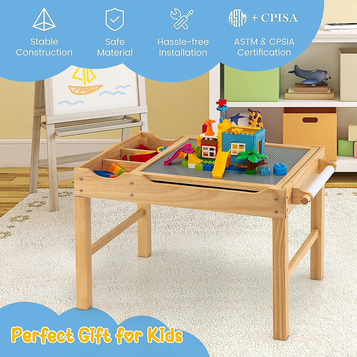 Costzon Kids Table, 3 in 1 Wood Building Block Desk w/Storage, Paper Roll, Reversible Tabletop for Toddler Arts, Crafts, Drawing, Reading, Playing, Gift for Boys Girls, Activity Table (Natural)