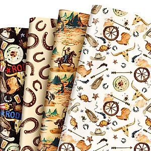 JarThenaAMCS 8 Sheets Western Cowboy Wrapping Paper - Not Roll - Vintage Watercolor Wild West Rodeo Gift Wrap Paper Folded Flat DIY Craft Paper for Holiday Birthday Party, 19.7 x 27.6 Inch