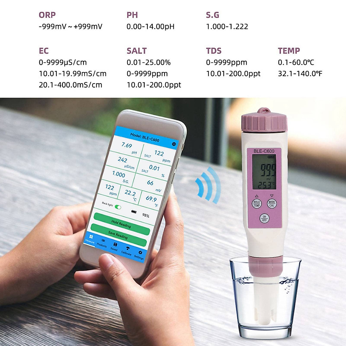 7 in 1 Bluetooth Water Quality Tester Automatically Save Data PH EC ORP Waterproof Salinity Meter for Water Fish Drinking Water, Sewage Treatment