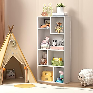 VECELO 42" Modern White Bookshelf, 7 Cube Organizer Bookcase,Fits Tallest Hardcovers, Horizontal Available,Floor Standing Display,Easy Assembly, Pearl White