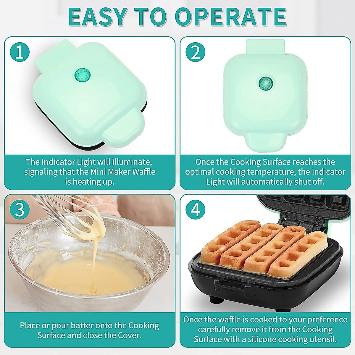 Mini Waffle Stick Maker, Easy to Clean, Non-Stick Surfaces, 4 Inch, Makes 4 Waffle Sticks, Ideal for Breakfast, Snacks, Desserts and More,Aqua,1400W