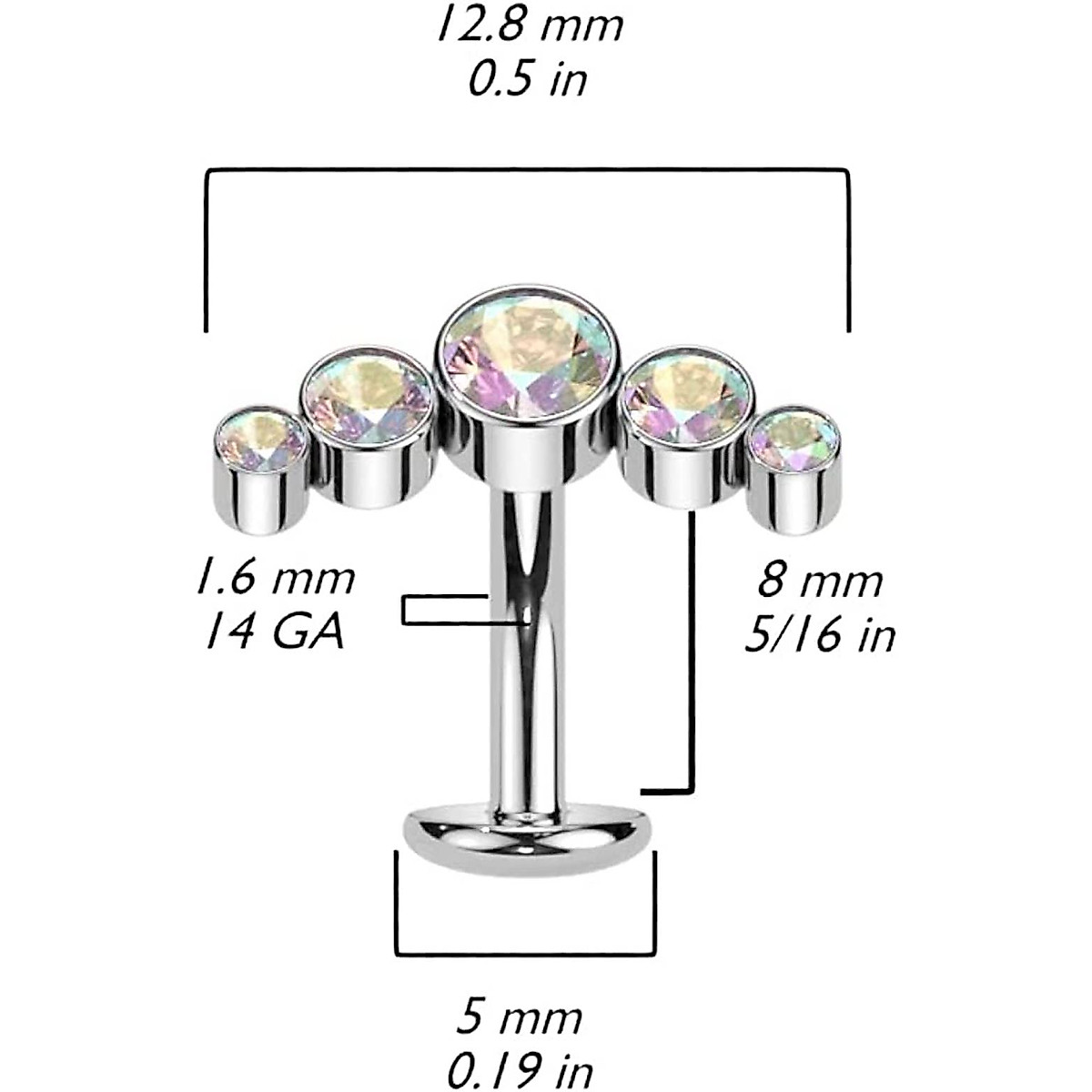 Titanium Threadless Convex Base Floating Belly Ring With 5 Bezel Crystal Curve Top (Aqua)