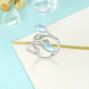 PRAYMOS 925 Sterling Silver Leaf Rings for Women Moonstone Ring Open Adjustable Wrap Rings Promise Engagement Wedding Rings