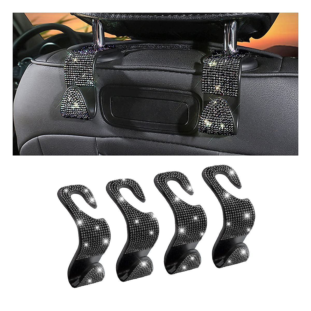 Moly Magnolia Bling Car Seat Headrest Hooks, 4PCS Handcrafted Rhinestones Seat Hanger Organizer for Handbag Purse Scarf, Universal for Cars, Auto Interior Accessories for Women Men (Black)