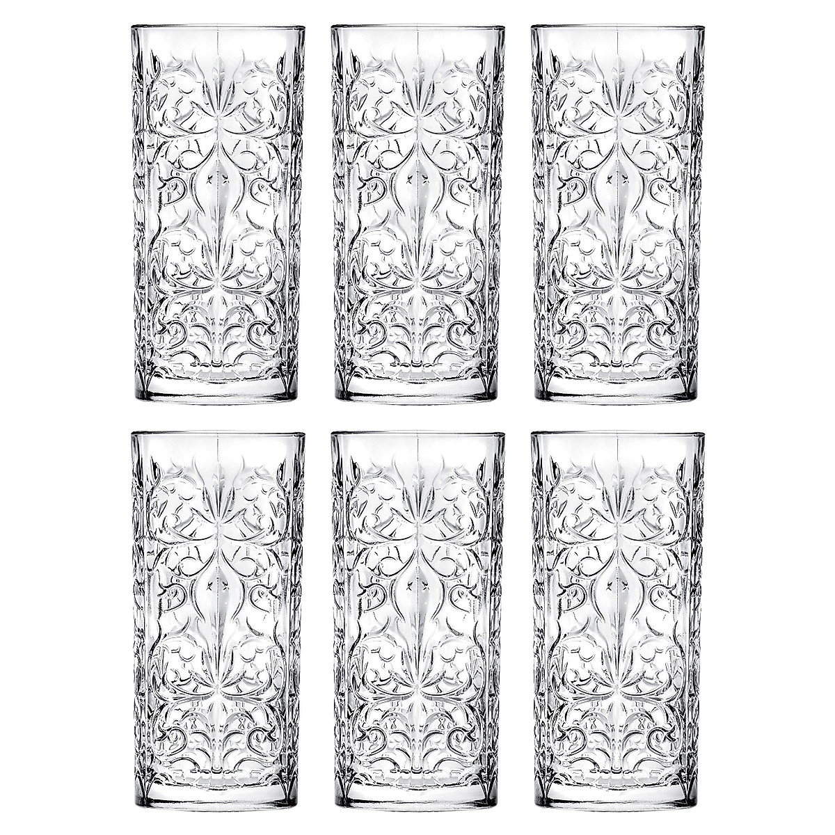 Barski Highball - Glass - Set of 6 - Hiball Glasses - Glass Crystal - Beautiful Tattoo Design - Drinking Tumblers - for Water, Juice, Wine, Beer and Cocktails - 13 oz Made in Europe