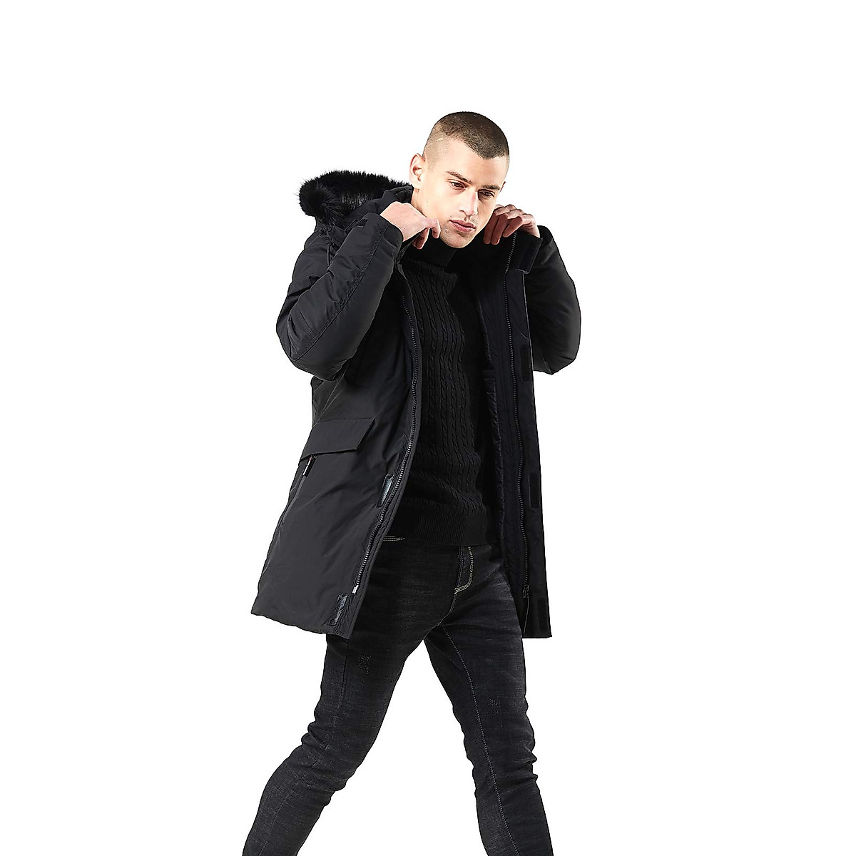 WEEN CHARM Men's Warm Parka Ski Jacket Water Resistant Puffer Jacket Long Winter Coat with Removable Faux Fur Hood