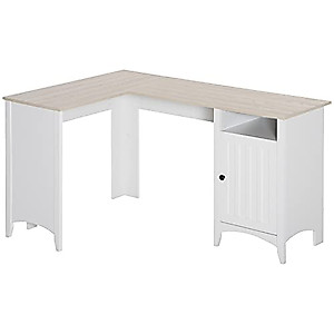 HOMCOM L-Shaped Computer Desk with Open Shelf and Storage Cabinet, Corner Writing Desk with Adjustable Shelf, White