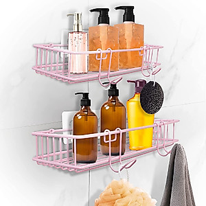 TONLEA Shower Caddy, Shower Organizer for Bathroom, 2-Pack Rustproof Stainless Steel Shower Shelves with Hooks for Bathroom Storage, Adhesive or Drilling Kitchen Organization, Pink