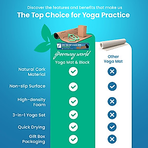 Greenway World - Cork Yoga Mat and Block with Green Strap, Non-Slip Hot Yoga Mat Set, Thick Travel Yoga Mat, Big Yoga Mat for Various Exercises, 72 x 24 inches x 3 mm