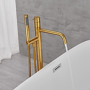 Qinkell Freestanding Bathtub Faucet Tub Filler Brushed Gold Floor Mount Brass Single Handle Bathroom Faucets with Hand Shower