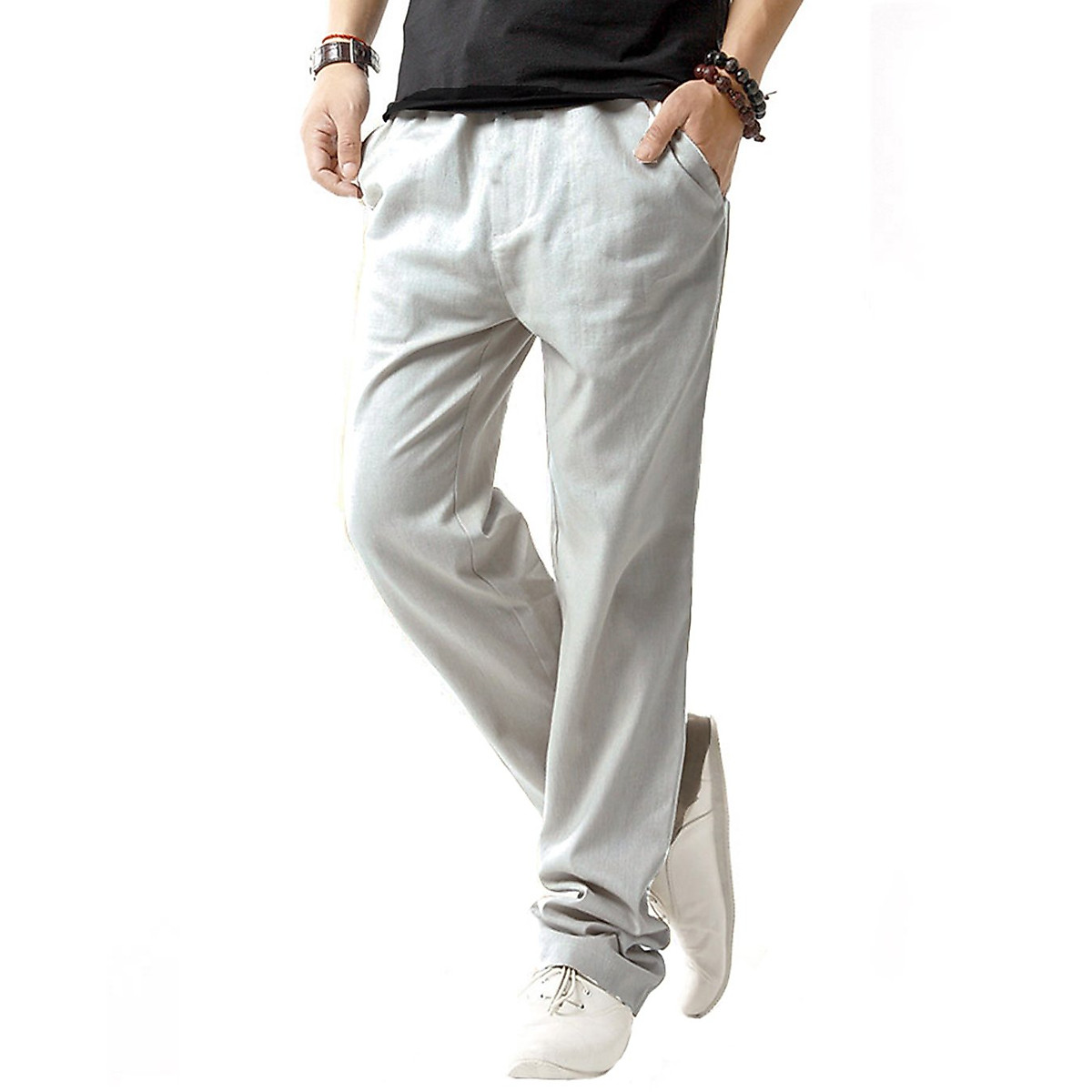SIR7 Men's Linen Casual Lightweight Drawstrintg Elastic Waist Summer Beach Pants Light Grey 2L