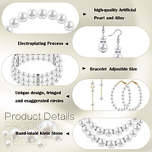 Bonuci 8 Pcs Pearl Jewelry Set for Women Wedding Pearl Necklace Pearl Earrings Pearl Bracelet Set 1920s Pearls Accessories(Graceful Style)