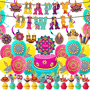 KYMY Happy Diwali Hanging Banner, Deepavali Rangoli Themed Hanging Pennants Wall Sign, Indian Festival of Lights Paper Cards Banner for India Festival Diwali Party Decorations