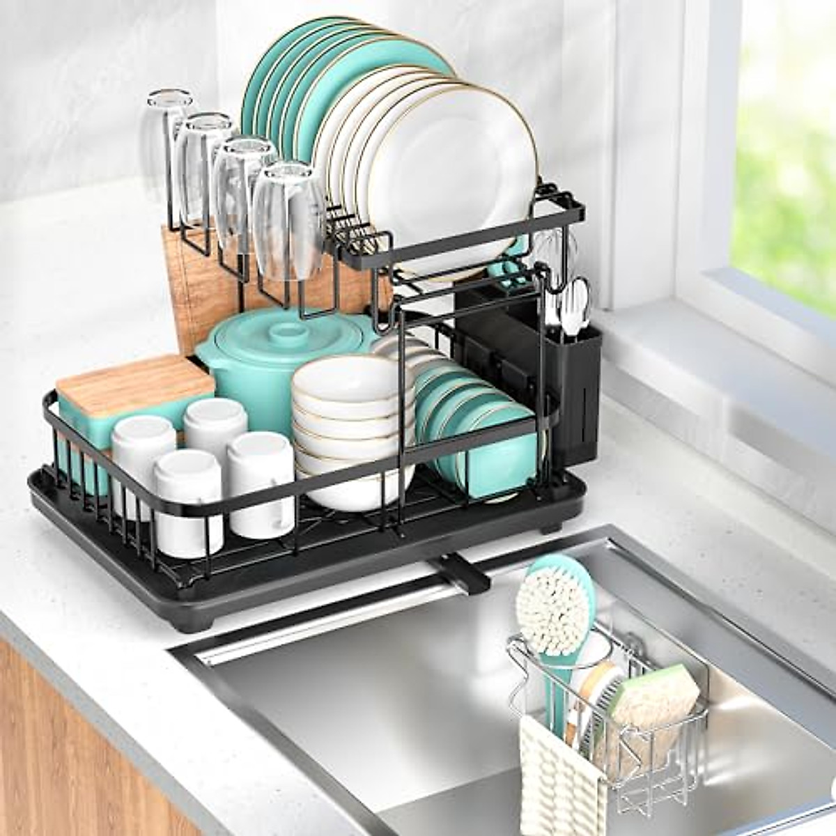 Loftiage Dish Drying Rack with Extra Sponge Holder for Kitchen Counter Sink, 2 Tier Large Dish Drainer Racks, Adjustable Spout Dish Strainer with Drainboard, Utensils, Cutlery Holder, Black