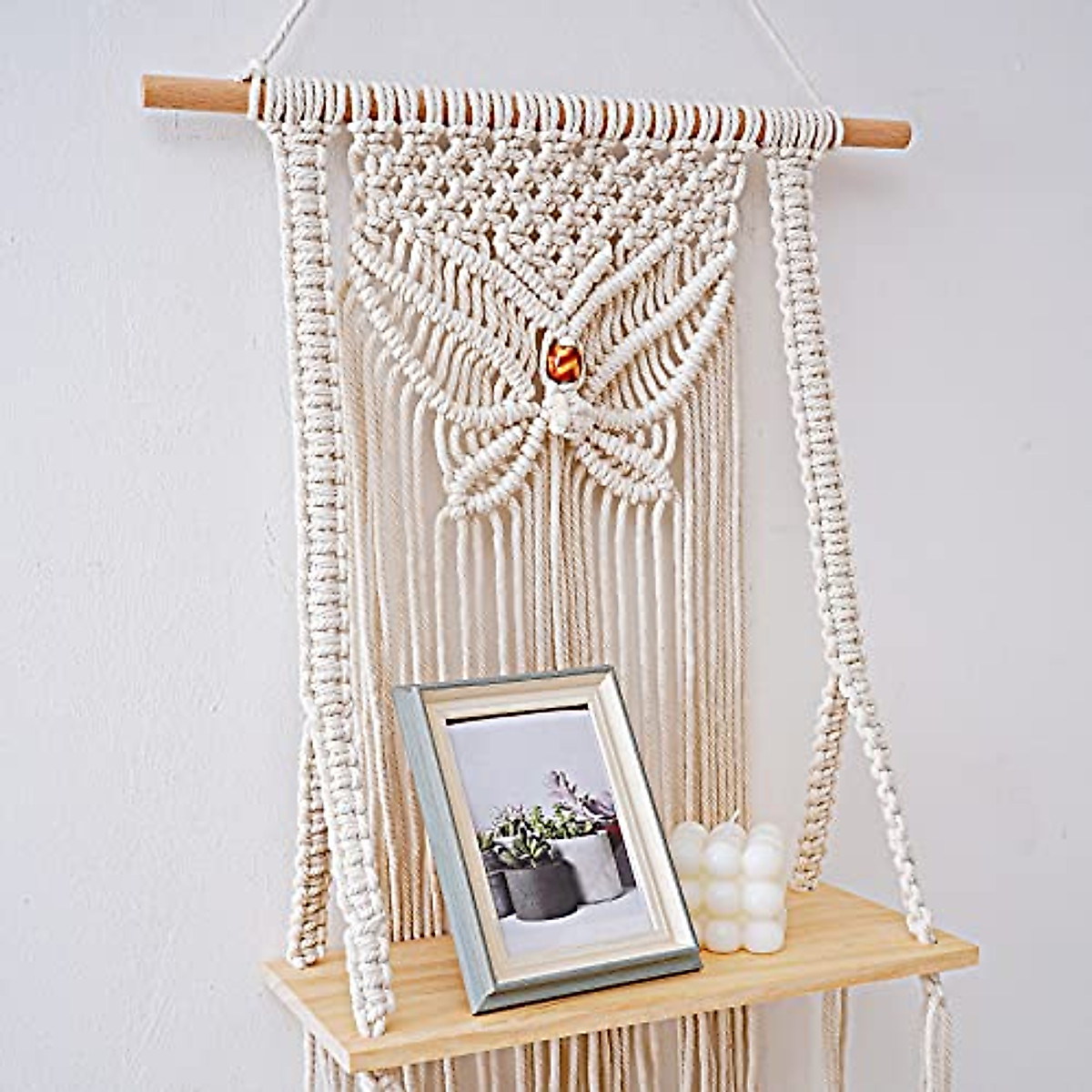 BIGEBO Macrame Wall Hanging Shelf, Handmade Hanging Shelves Floating Wood shelve Butterfly Wall Decor for Bedroom Living Room Boho Bathroom Decor Plants (White)