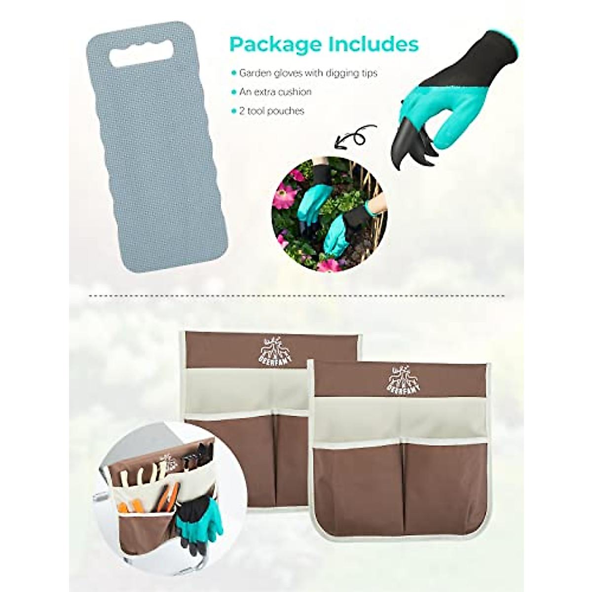 DEERFAMY Garden Stool, Garden Kneeler and Seat Load Capacity 350 Lbs, Folding Garden Chair for Kneeling and Sitting, Heavy Duty Kneeling Bench with Extra Kneeling Pad, 2 Tool Pouches, Digging Gloves