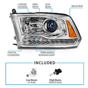 AmeriLite Halogen, led, Projector Car Headlights For 2009-2018 Dodge Ram 1500 2500 3500 Tube Switchback White & Amber Parking Turn Signal, Vehicle Light Assembly, Chrome With Switchback LED