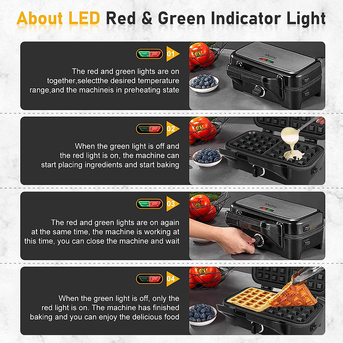 Metine Waffle Makers, 3-in-1 Waffle Iron Panini Press Sandwich Maker with Removable Plates, 5-gears Temperature Control Non Stick Coating Cool Touch Handle Anti-skid Feet for Breakfast 1200W 120V