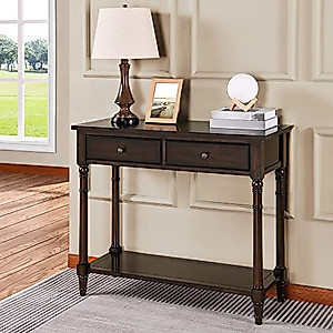 Solid Wood Console Entry Table with 2 Drawers, Accent Table with Storage Shelf, Narrow Sofa Side Table for Living Room,Blank Wall, 35.4”L x 30.1”H x 13.8”W Easy Assembly Vintage Walnut SFZ004DC