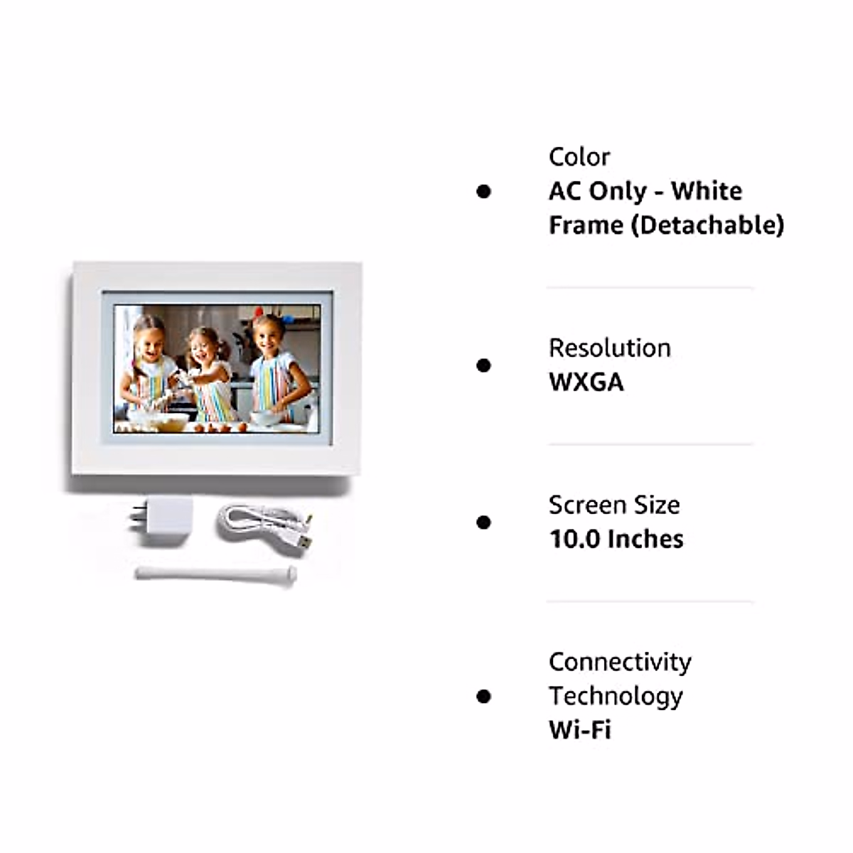 PhotoSpring 10in WiFi Digital Picture Frame, Family Can Send Photos from Anywhere via Email, App, or Web, Easy Touchscreen Setup, 1280x800 Display, Plays Videos, White
