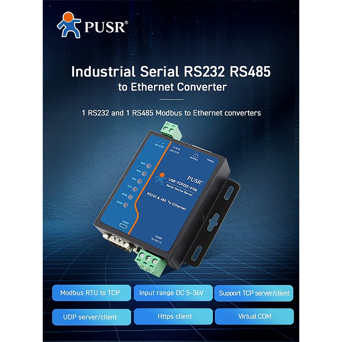 PUSR RS232 RS485 Modbus RTU to Modbus TCP Gateway Serial to Ethernet Converter USR-TCP232-410s ...