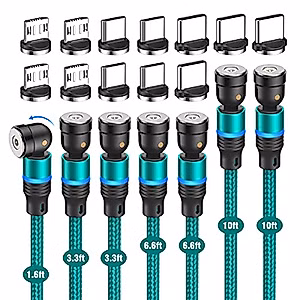 FACROO Magnetic Charging Cable[7-Pack, 1.6ft+3.3ft+3.3ft+6.6ft+6.6ft+10ft+10ft], 540° Rotation Magnetic Cable, 3 in 1 Nylon Braided Magnetic Phone Charger Compatible with Micro USB and Type C - Green