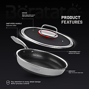 boratat Frying Pan Hybrid Stainless Steel Honeycomb Skillets,Pan with Lid,10 inch Non Stick Wok,Stay-Cool Handle,Dishwasher and Oven Safe, PFOA Free, Induction Cooktop, Gas, Ceramic and Electric Stove