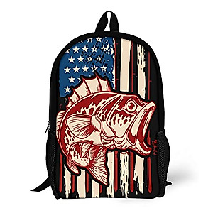 ONE TO PROMISE American Flag Backpacks Vintage Jumping Bass Fish Fishing on American Flag Shoulder Student Bookbag Laptop Backpack Travel Hiking Camping Daypack for Teens Women Men with Side Pockets