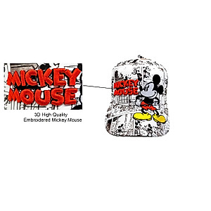 Disney Mickey Mouse Comic Book Print Snapback Baseball Hat (Black and White)