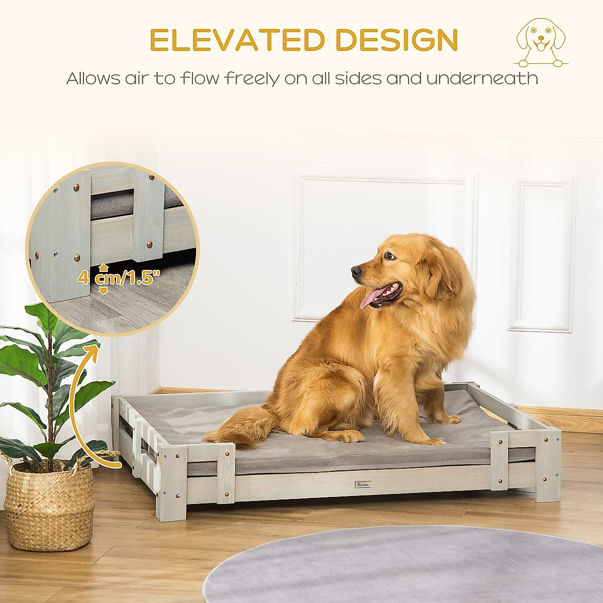 PawHut Large Dog Bed with Soft Foam Cushion, Wooden Dog Couch with Roomy Surface, Elevated, Slate Gray