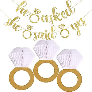 Wedding Decoration|Bachelorette Party Decoration|Gold Glittery Honeycomb Diamond Ring Hang Deco with He Asked She Said Yes Banner Wall Decor for Bridal Shower Engagement Party (HANG DECORATION)