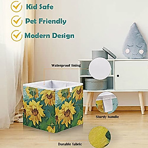 visesunny Closet Baskets Oli Painting Sunflower with Green Leaf Storage Bins Fabric Baskets for Organizing Shelves Foldable Storage Cube Bins for Clothes, Toys, Baby Toiletry, Office Supply