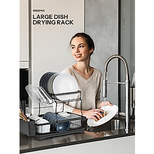 Reemix Dish Drying Rack, 2 Tier Dish Drainer with Removable Utensil Holder and Swivel, Durable High Carbon Steel Material, Larger Capacity, Easy Installation, Black