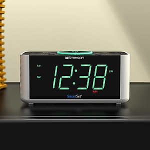 Emerson Smartset Dual Alarm Clock Radio and QI Wireless Phone Charger with Bluetooth, All Qi Compatible Phones, ER100202
