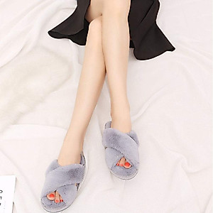 HUMIWA Gray Cross Slippers Fuzzy Fluffy Faux Fur House SPA Cute Open Toe Slippers for Women Girl/Women6-6.5 Men5.5-6