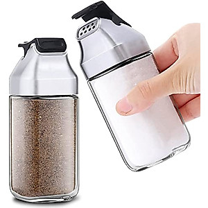 J&M Design Glass Salt and Pepper Shakers Set with Moisture Free Plastic Flip Lid for Kitchen Countertop or Travel Spice Seasoning Use - Set Of 2 Refillable Bottle Dispenser Container Shaker