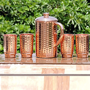 HealthGoodsIn - Pure Copper Hammered Pitcher with 4 Copper Tumblers | Hammered Copper Pitcher and Tumblers for Ayurveda Health Benefits