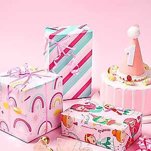 LeZakaa Birthday Wrapping Paper Roll - Mini Roll - Mermaid/Rainbow/Stripe Design for Girls, Kids, Women - 17 x 120 inches, 3 Rolls (42.5 sq.ft.ttl.)