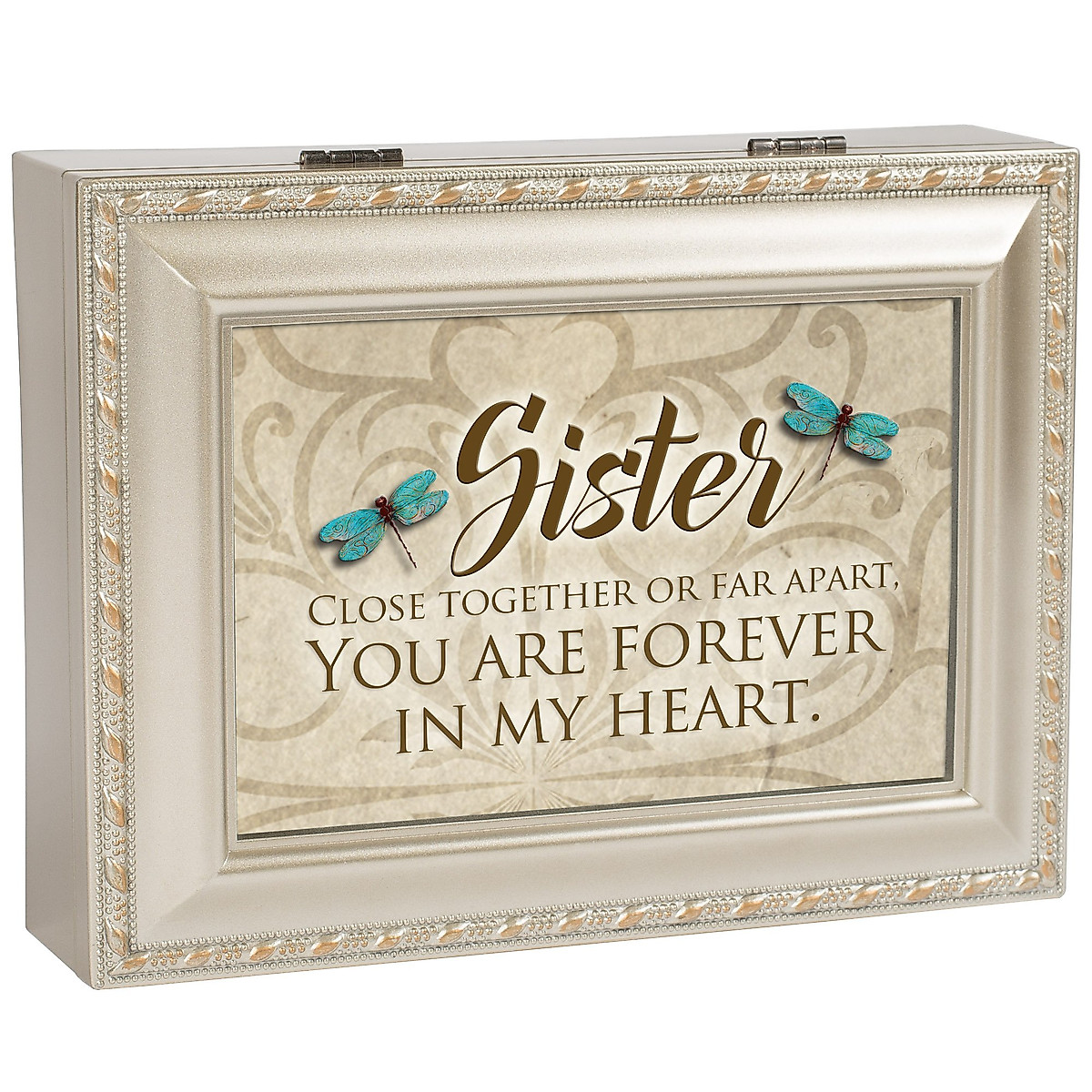 Cottage Garden Sister Together Far Apart Silvertone Rope Trim Jewelry Music Box Plays Wind Beneath My Wings