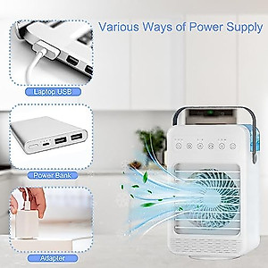 Trovono Portable Air Conditioner Fan,Mini Personal Air Cooler with 4 Wind Speed,2/4/6H Timer,600ML Tank,Rainbow LED Light,120°Oscillating Cooling Fan,2 Spray,Low Noise,Desktop Office, Home, Bedroom